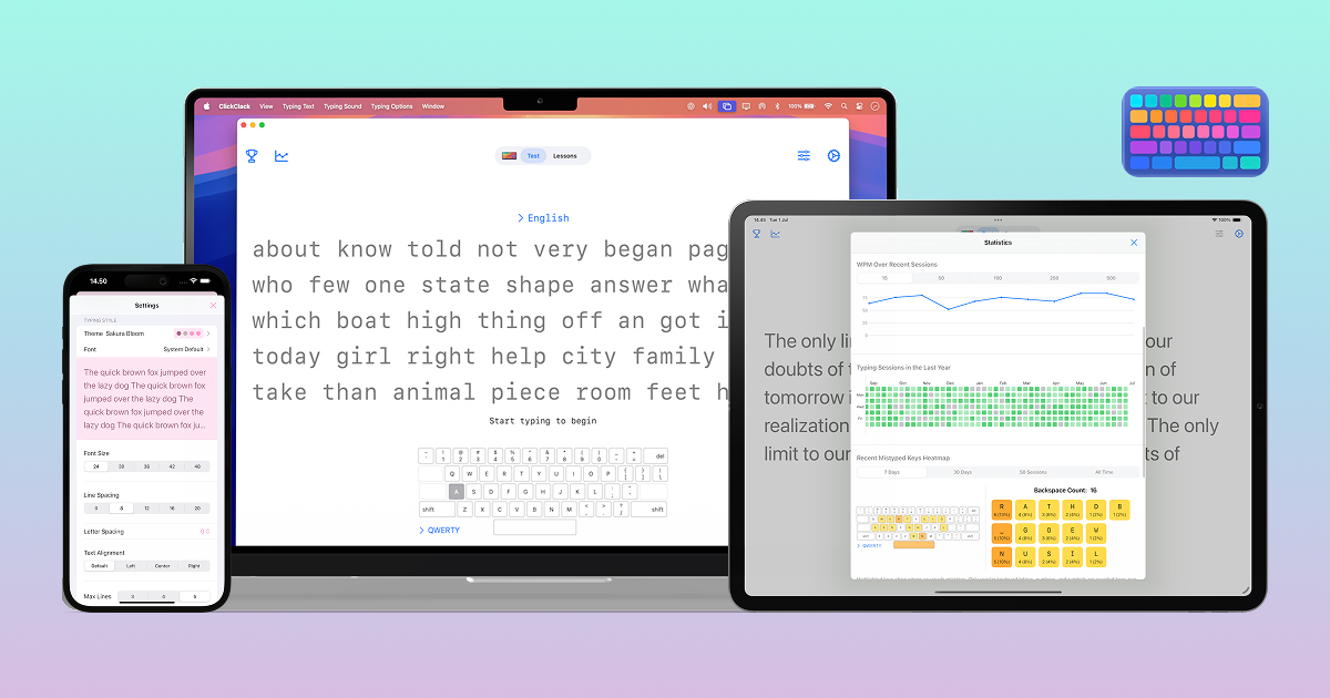 ClickClack Typing Trainer - Speed Test & Practice Lessons
